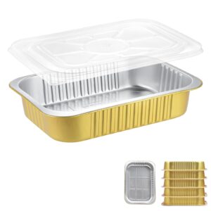 mestaek 11"x 8" sturdy aluminum foil pans + lids (5 pack), 2x thicker heavy duty for oven, grill, microwavable cooking baking, reusable freezable dishwasherable disposable foil pan pot container 74oz