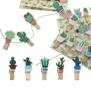 SaktopDeco 60 Counts Mini Cactus Wooden Clothespins with Jute Twine Small Floral Decorative Wood Peg Pin Craft Clips for Pictures Memo Card Photo