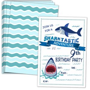 ukebobo 9th birthday party invitations with envelopes – shark birthday party invitations, shark party decorations– 20 cards with envelopes（sy-09）