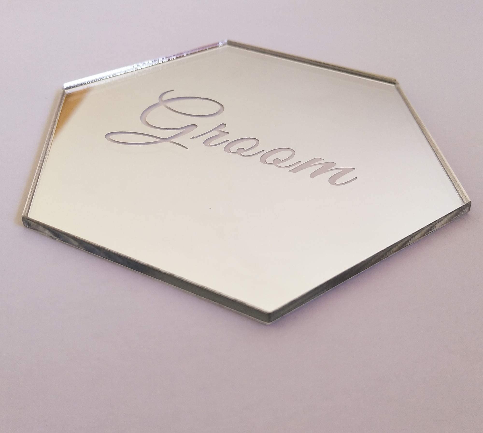 XIAOYUE Bride and Groom Acrylic Mirrored Hexagon Place Cards, Geometric Bride and Groom Table Setting,Wedding Place Cards, Bride and Groom Set (Silver Mirror)