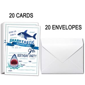 ukebobo 9th Birthday Party Invitations with Envelopes – Shark Birthday Party Invitations, Shark Party Decorations– 20 Cards With Envelopes（sy-09）