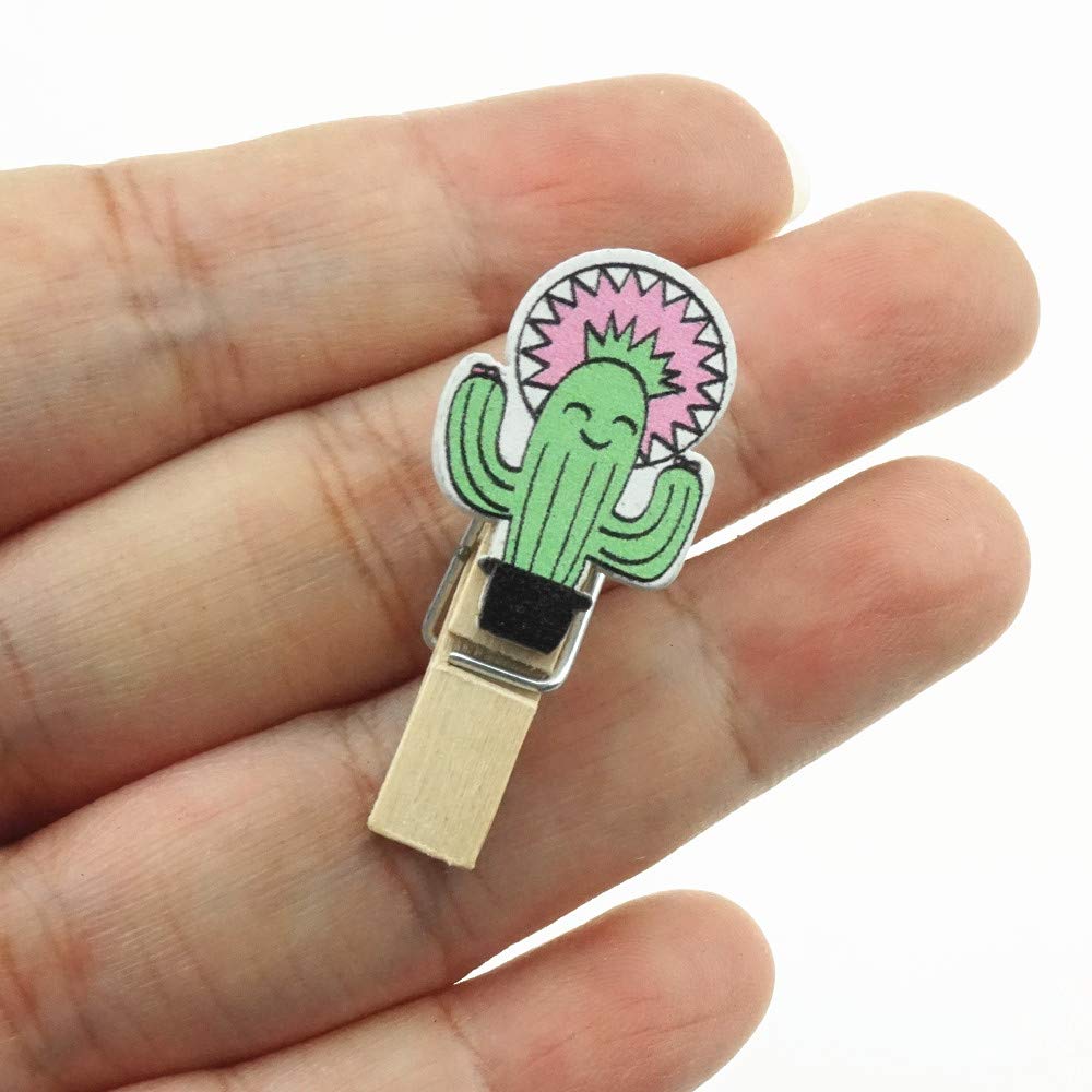 SaktopDeco 60 Counts Mini Cactus Wooden Clothespins with Jute Twine Small Floral Decorative Wood Peg Pin Craft Clips for Pictures Memo Card Photo