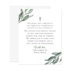 hello love goods greenery funeral thank you cards with cross, personalized sympathy acknowledgement cards with envelopes, 4.25x5.5 flat notecards