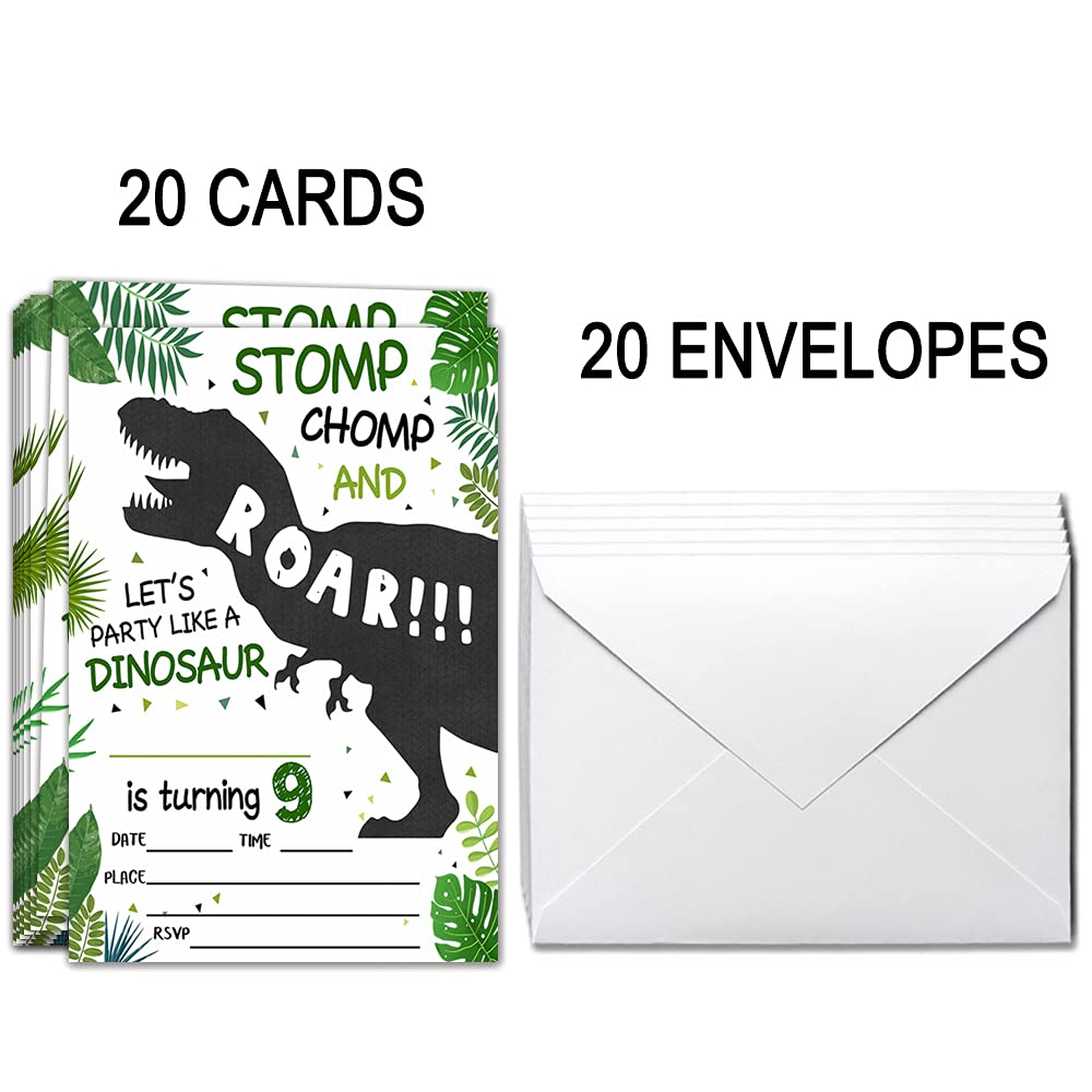 ukebobo 9th Birthday Party Invitations with Envelopes – Dinosaur Birthday Party Invitations, Dinosaur Party Decorations– 20 Cards With Envelopes（bwl-09）