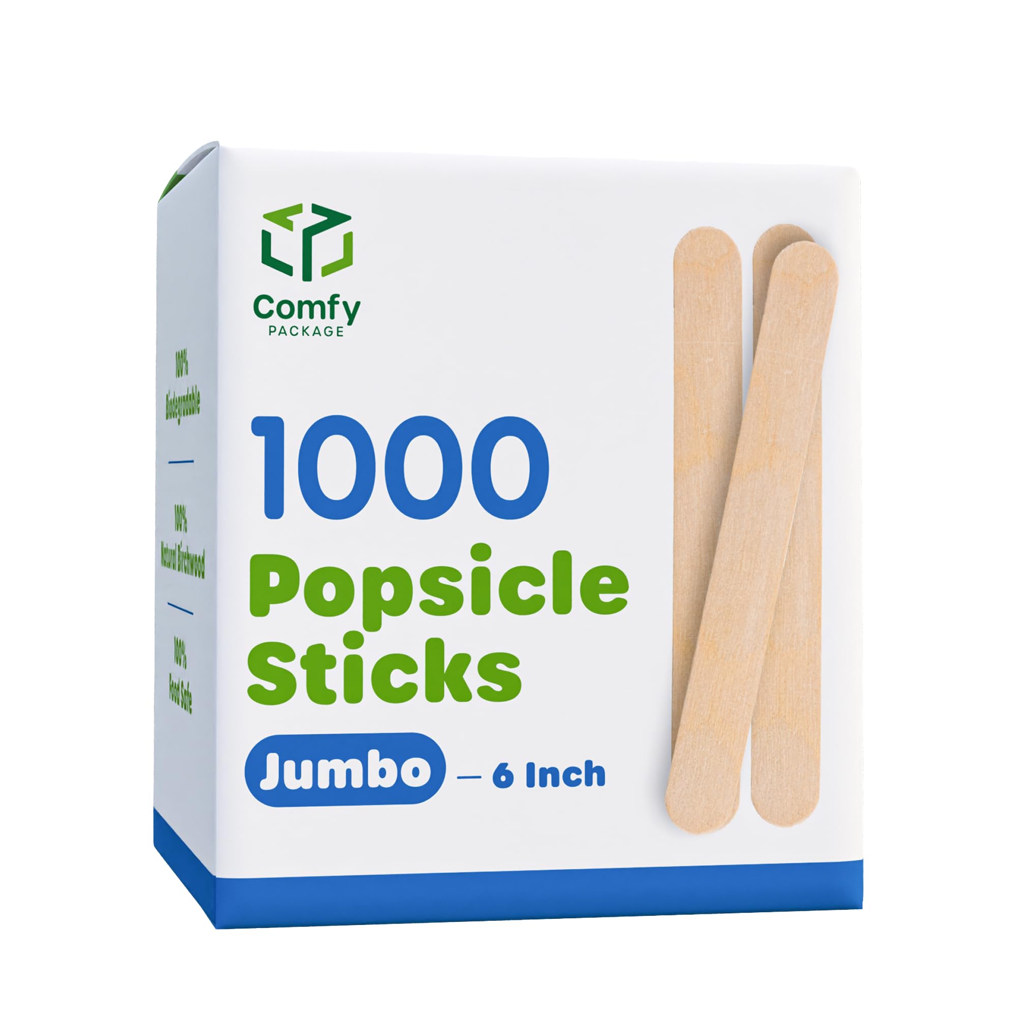 Comfy Package [1000 Count] Jumbo 6 Inch Wooden Multi-Purpose Popsicle Sticks, Craft Sticks for ICES, Ice Cream, Waxing, Tongue Depressor Wood Sticks (Formerly Comfy Package)