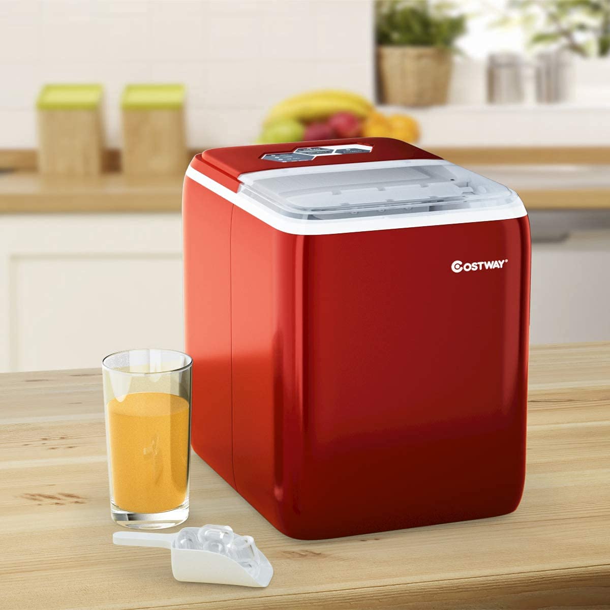 Ice Maker Countertop, Automatic Electric Ice Maker Machine w/Self-Cleaning Function, Portable Ice Machine with Ice Scoop and Basket (Red)