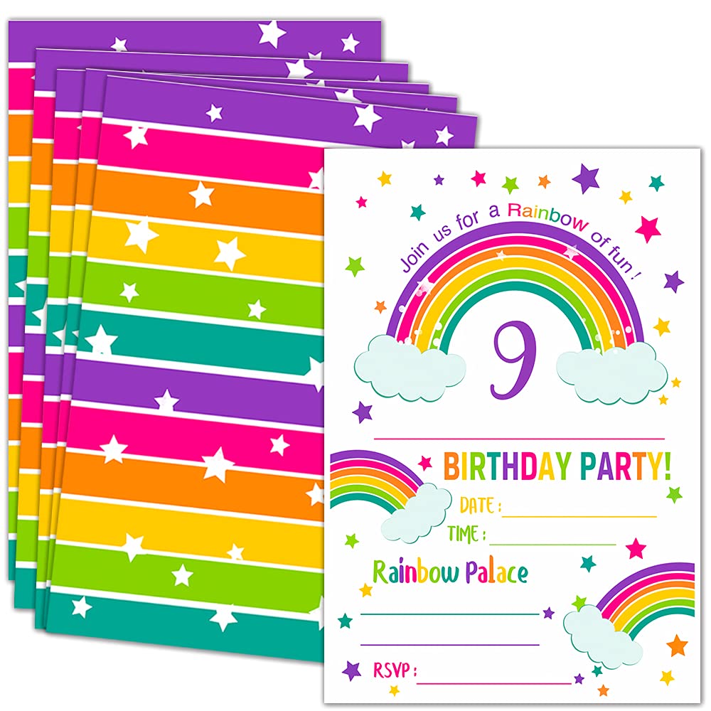 ukebobo 9th Rainbow Birthday Party Invitations with Envelopes – Birthday Party Invitations, Rainbow Party Decorations– 20 Cards With Envelopes（c03-09）