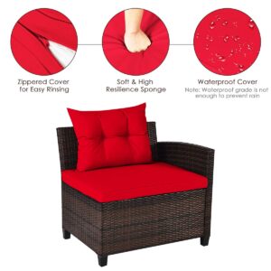 DORTALA 4-Piece Sectional Furniture Patio Set L-Shape Outdoor Wicker Sofa Set w/Cushions & Sophisticated Glass Coffee Table Couch Modern Deck Rattan Furniture for Garden Poolside Balcony, Red