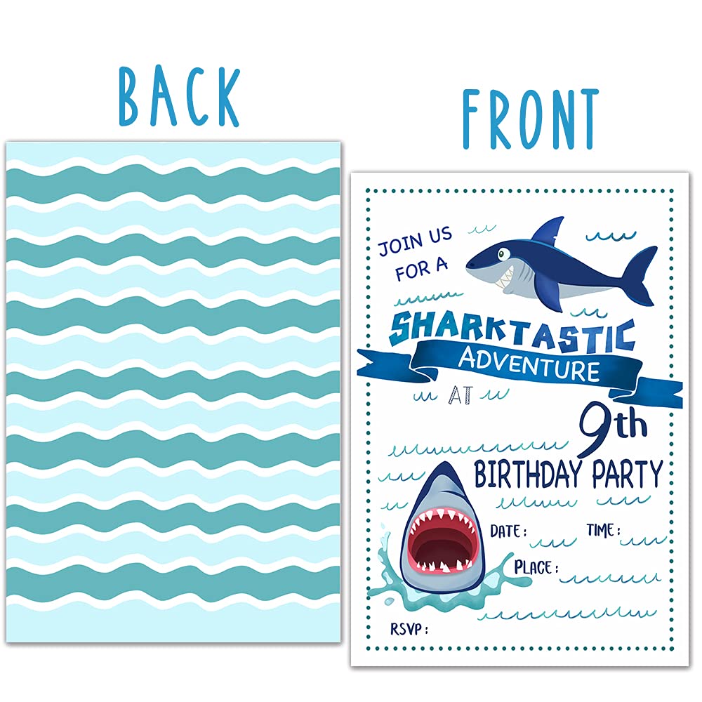 ukebobo 9th Birthday Party Invitations with Envelopes – Shark Birthday Party Invitations, Shark Party Decorations– 20 Cards With Envelopes（sy-09）