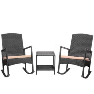 barton 3 pieces high back rocking chair set w/glass table black outdoor patio furniture wicker rattan modern conversation chat seating