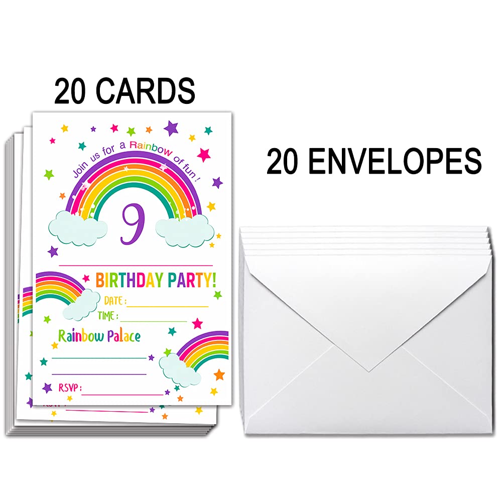 ukebobo 9th Rainbow Birthday Party Invitations with Envelopes – Birthday Party Invitations, Rainbow Party Decorations– 20 Cards With Envelopes（c03-09）