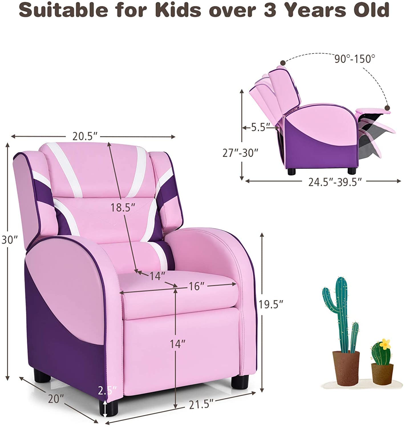 Moccha Kids Recliner Chair with Side Pockets for Boys and Girls Room, Adjustable Kids Couch Chair w/Footrest, Ergonomic Toddler Furniture Sofa (Pink)