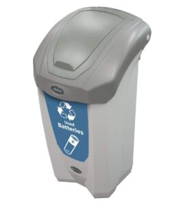 glasdon nexus 8g battery recycling bin (gray, blue sticker) – small plastic disposal bin for used batteries – 8-gallon battery recycling container with grey flip lid