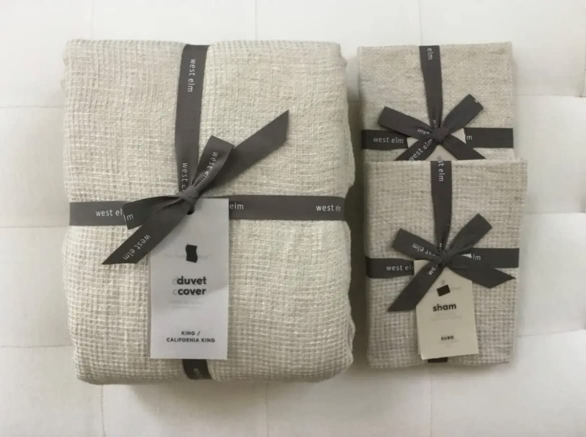 West Elm European Flax Linen Mini Waffle Duvet Cover King & Two Euro Shams ~Natural Flax~