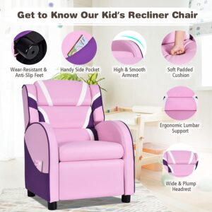 Moccha Kids Recliner Chair with Side Pockets for Boys and Girls Room, Adjustable Kids Couch Chair w/Footrest, Ergonomic Toddler Furniture Sofa (Pink)