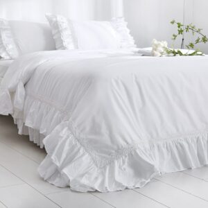 Meaning4 White Twin Duvet Cover with Ruffles and Lace Quilt Cover Egypt Cotton 68x90 Inch 1 Pieces Solid (Not Include Pillowcases and Insert)