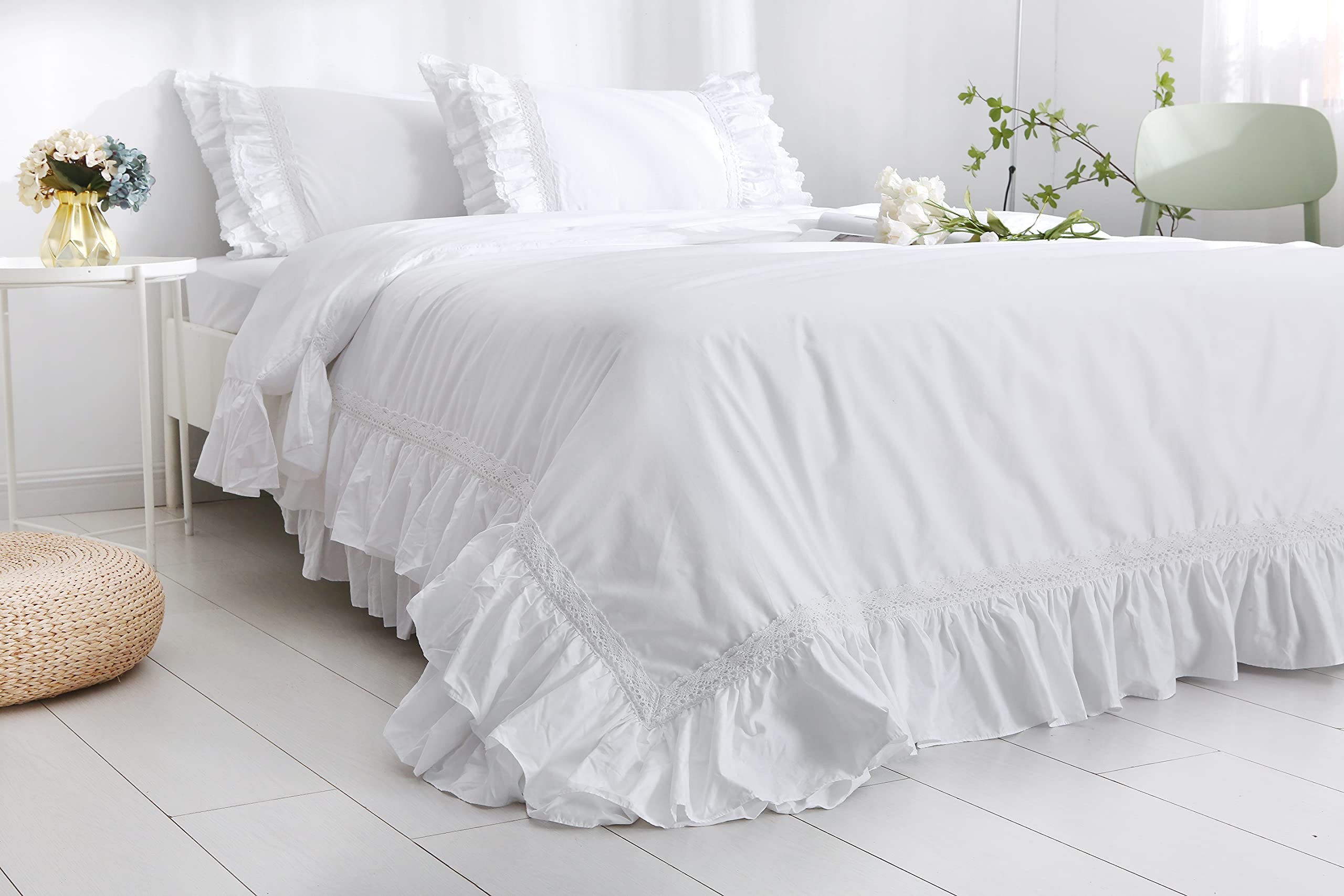 Meaning4 White Twin Duvet Cover with Ruffles and Lace Quilt Cover Egypt Cotton 68x90 Inch 1 Pieces Solid (Not Include Pillowcases and Insert)