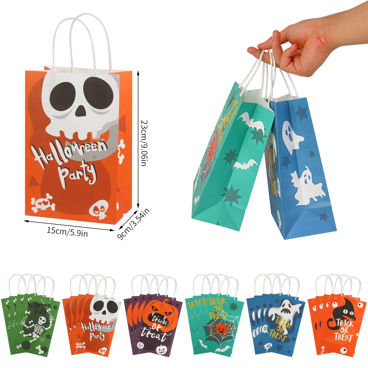 LOKIPA Halloween Paper Gift Bags with Handle, 24 Halloween Kraft Paper Goody Treat Bags for Trick or Treat and Halloween Party Favor