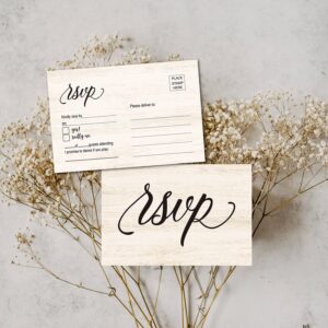 50 Rustic Wood RSVP Postcards, Response Cards, Rsvp Cards, Reply Cards Perfect for Wedding, Rehearsal Dinner, Baby Shower, Bridal, Birthday, Engagement, Bachelorette Party Invitations, 4X6 inch.