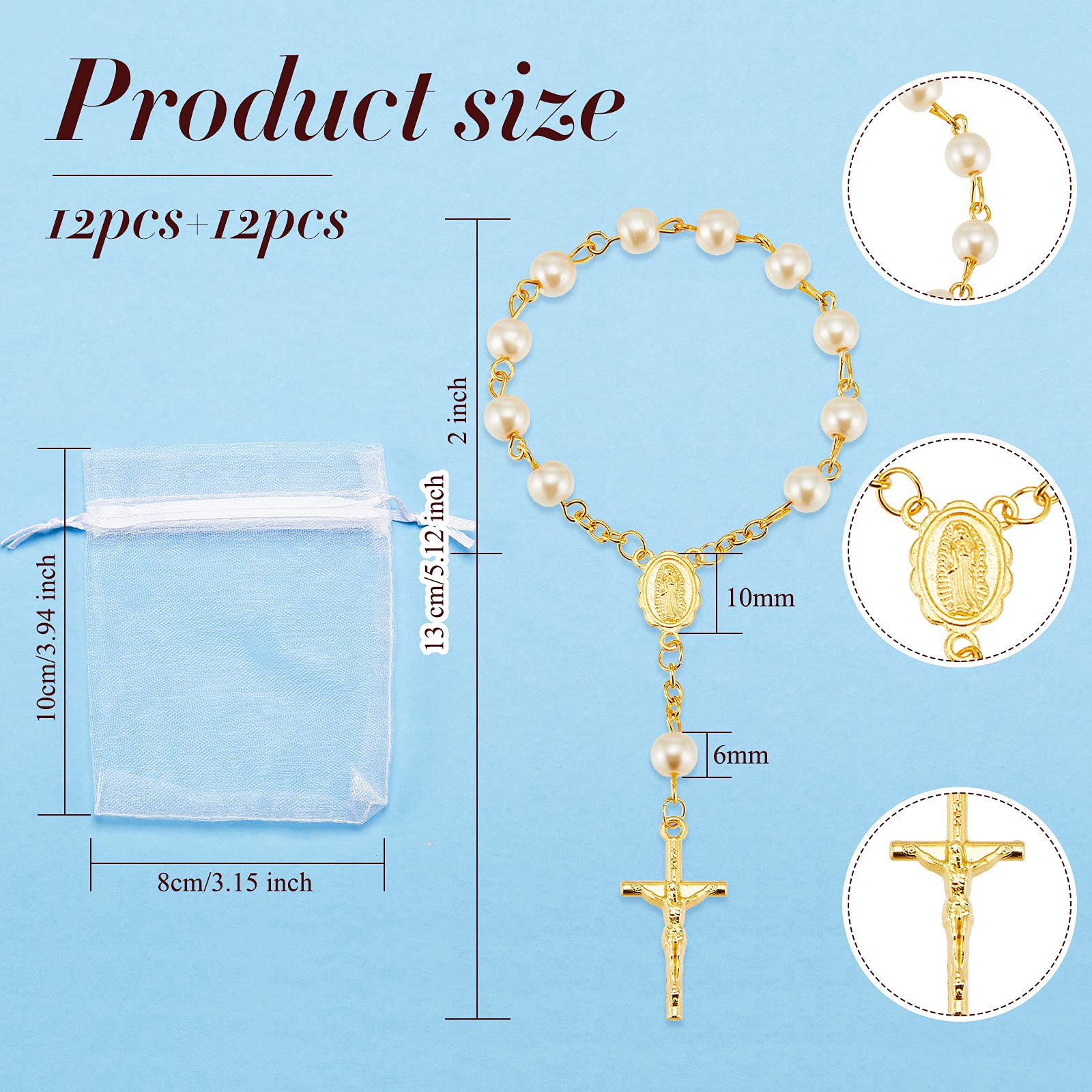 Hicarer 12 Pieces Mini Rosary Baptism Rosary Acrylic Rosary Beads Finger Baptism Rosaries Faux Pearls for Baptism Favors Christening Favors Communion Favors Weddings Party Favors (White)