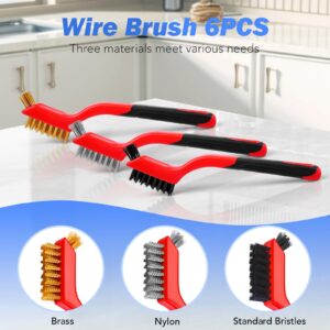 Wire Brush Set, 6 Pcs Brass/Stainless Steel/Nylon Wire Brushes for Cleaning with Curved Handle Grip for Rust Removal, Dirt, Paint Scrubbing