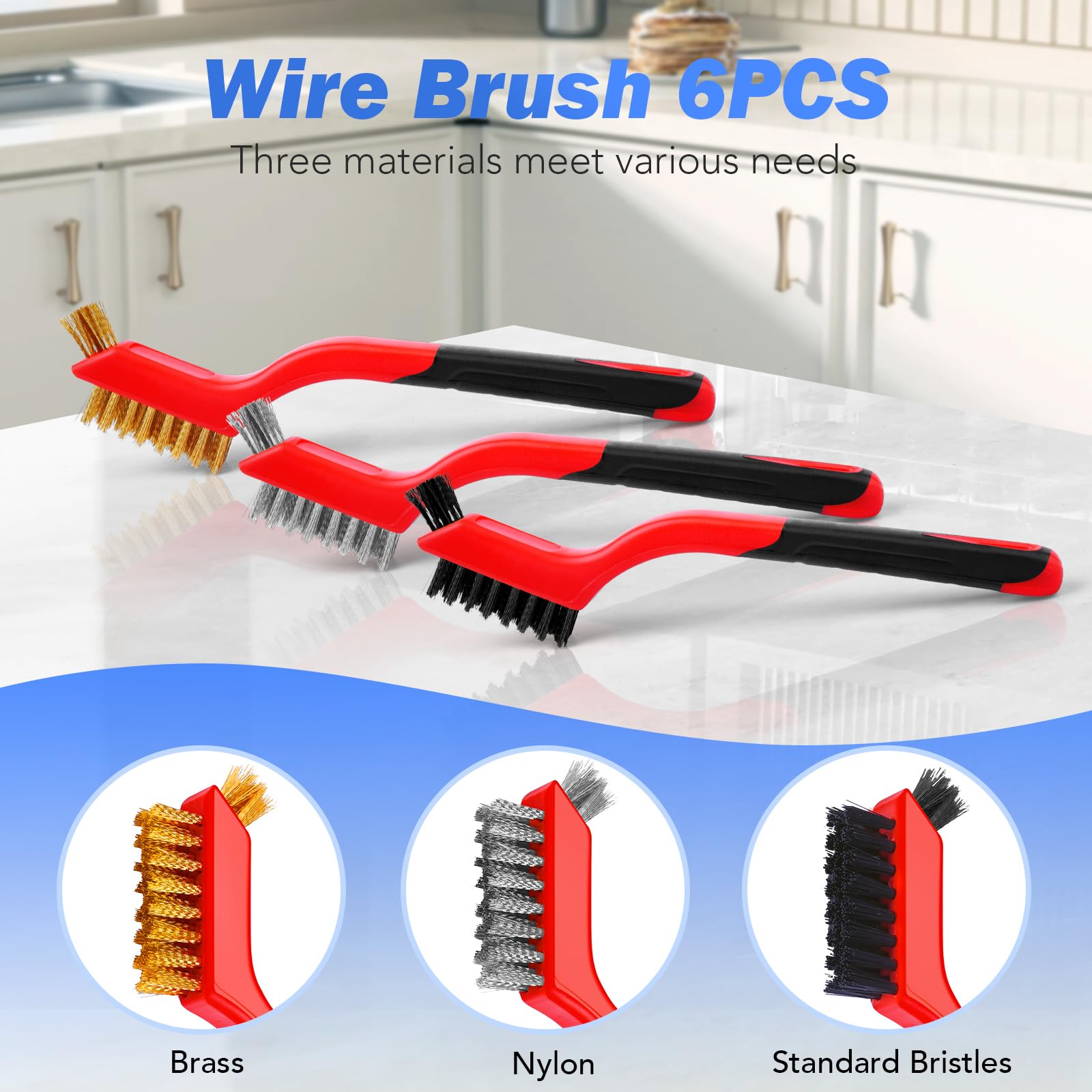 Wire Brush Set, 6 Pcs Brass/Stainless Steel/Nylon Wire Brushes for Cleaning with Curved Handle Grip for Rust Removal, Dirt, Paint Scrubbing