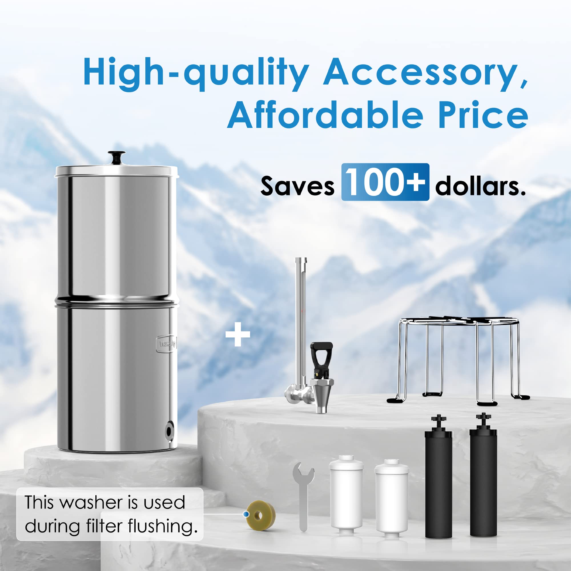 Waterdrop Gravity-fed Water Filter System, NSF/ANSI 42&372 Standard, 2.25G Stainless-Steel System with 4 Filters, Metal Water Level Spigot and Stand, Reduces Chlorine-King Tank Series, WD-TK-FS