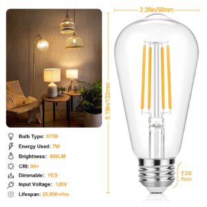 Vintage LED Edison Bulbs 60 Watt Equivalent Dimmable 7W ST58 LED Filament Light Bulbs Warm White 3000K Antique Style Lighting High Brightness 800LM E26 Medium Base Clear Glass for Home Office, 12 Pack