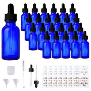 comrzor 24 pack 1oz cobalt blue glass bottles with glass eye droppers for essential oils, perfumes & lab chemicals (brush, funnels, 2 extra droppers, 36 pieces labels & 30ml measuring cup included)