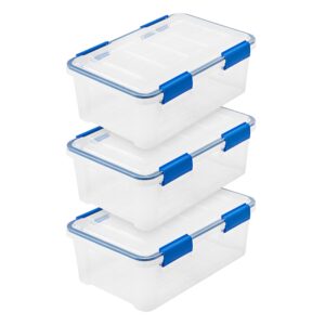 iris usa weatherpro 16 qt storage bins with lids, 3 pack, bpa-free plastic gasket box with tight latch and seal, stackable nestable tote tub - clear/blue