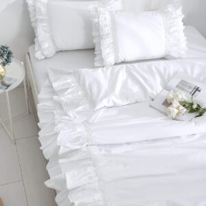 Meaning4 White Twin Duvet Cover with Ruffles and Lace Quilt Cover Egypt Cotton 68x90 Inch 1 Pieces Solid (Not Include Pillowcases and Insert)