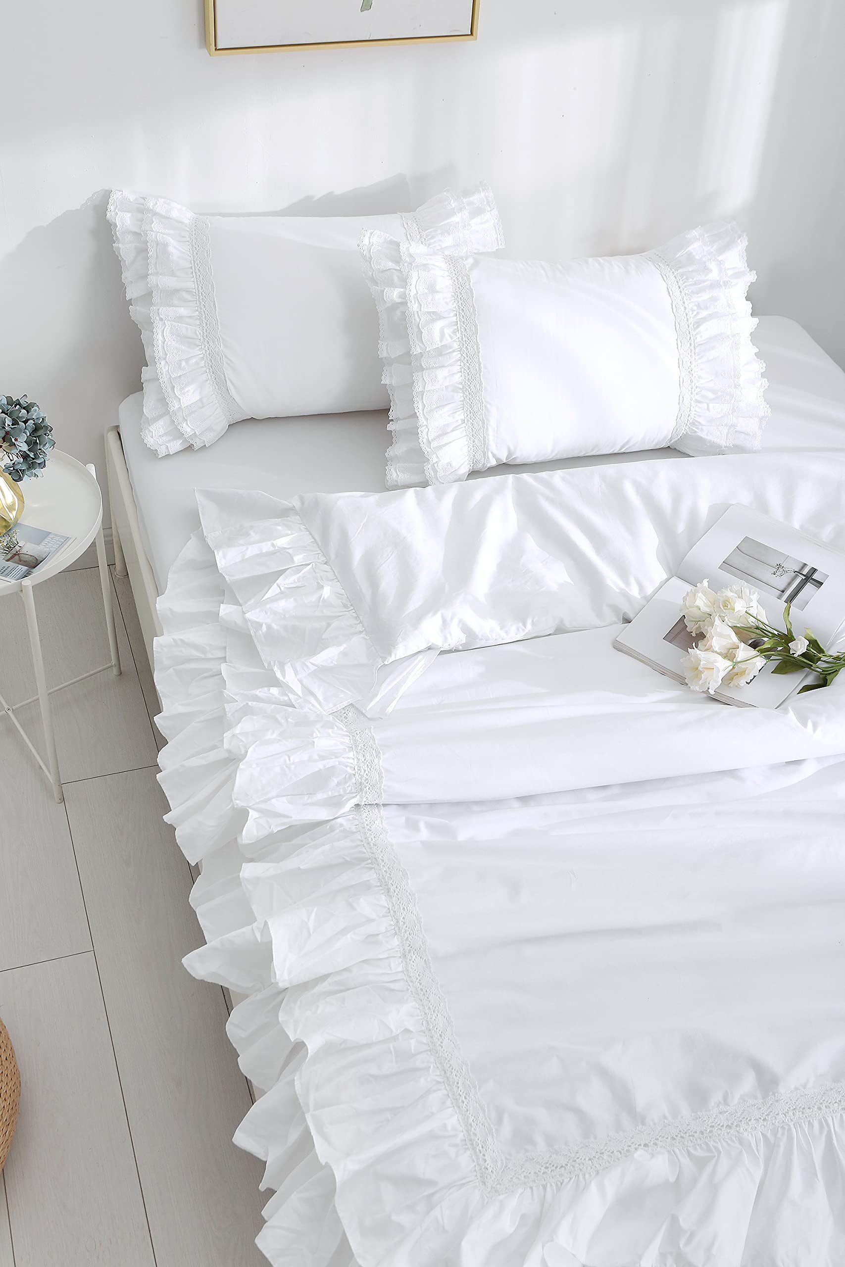 Meaning4 White Twin Duvet Cover with Ruffles and Lace Quilt Cover Egypt Cotton 68x90 Inch 1 Pieces Solid (Not Include Pillowcases and Insert)