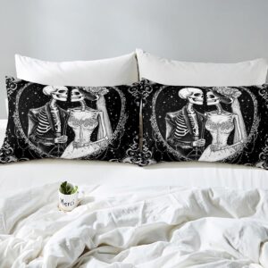 Manfei Floral Skull Duvet Cover Set Human Skeleton Couple Print Bedding Set 3pcs for Lover and Adults Gothic Comforter Cover Microfiber Bedspread Cover with 2 Pillow Cases(No Comforter) King Size