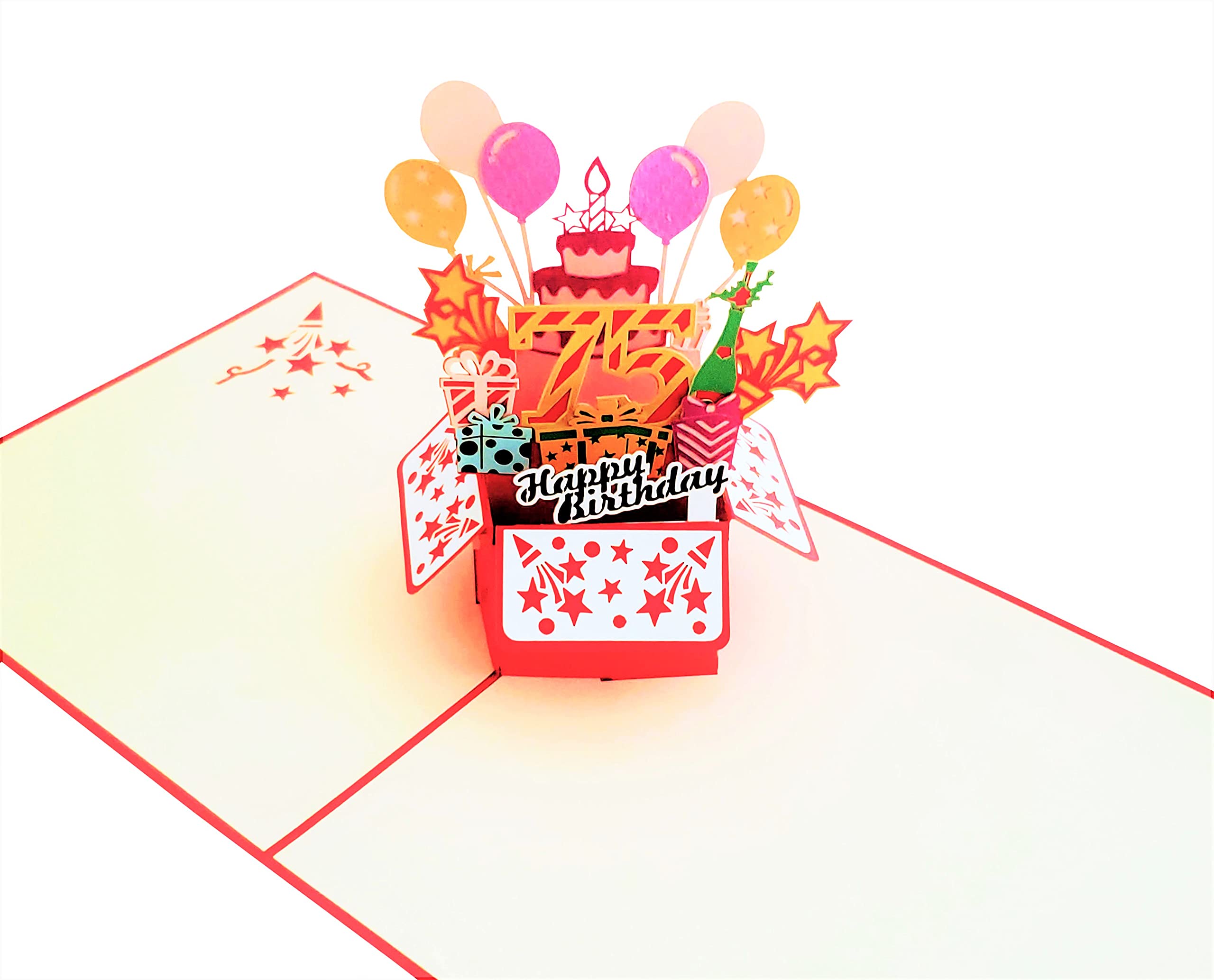 iGifts And Cards Happy 75th Red Birthday Party Box 3D Pop Up Greeting Card – Seventy-Five, Awesome, Balloons, Unique, Celebration, Feliz Cumpleaños, Fun, Mom, Dad