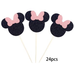 24 PCS Black and Pink Mouse Inspired Cupcake Toppers with Bow Glitter Mini Cupcake Picks Baby Shower Wedding Kids Birthday Party Cake Decorations Supplies