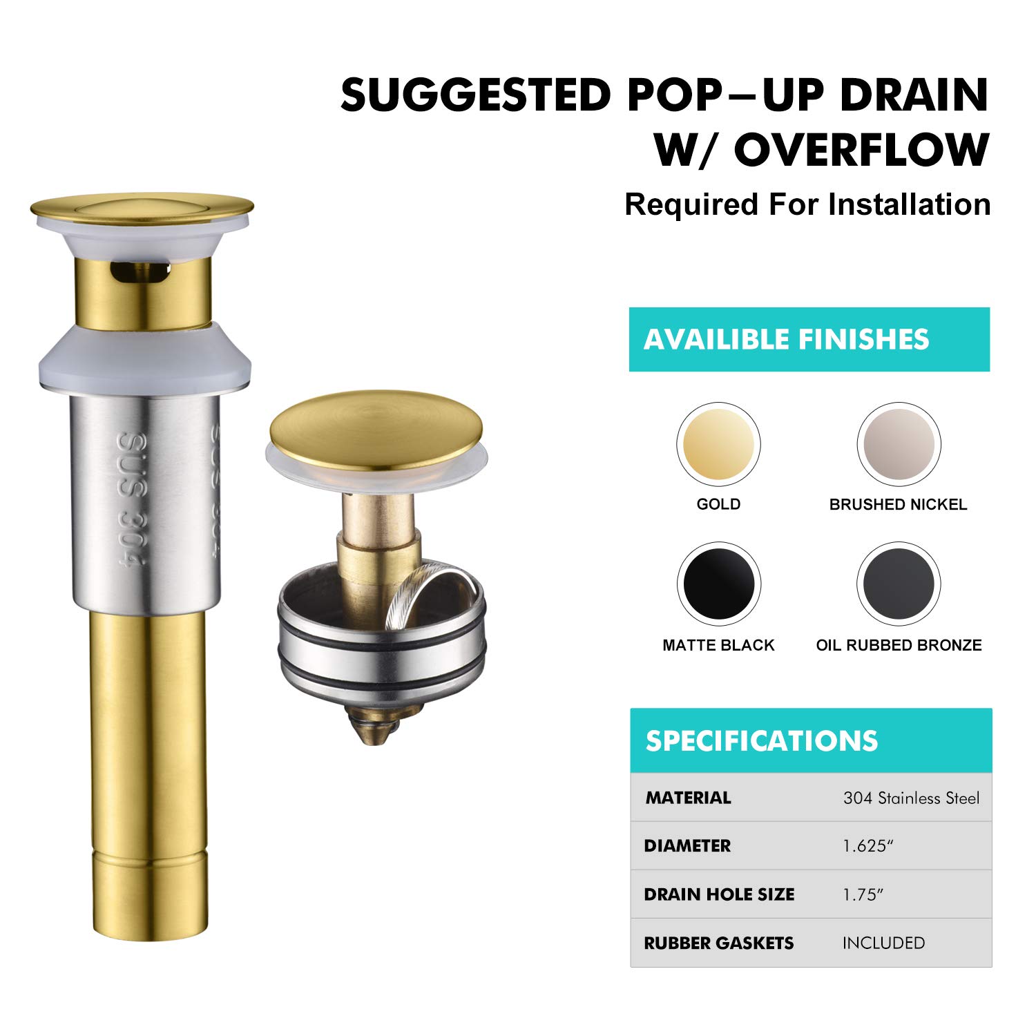 Bathroom Sink Drain Stopper Bathroom Pop Up Drain With Overflow Vessel Sink Lavatory Vanity Pop Up Sink Drain with Strainer Basket Brushed Gold