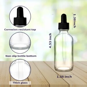 Comrzor 24 Pack 2oz Clear Glass Bottles with Glass Eye Droppers for Essential Oils, Perfumes & Lab Chemicals (Brush, Funnels, 2 Extra Droppers, 36 Pieces Labels & 30ml Measuring Cup Included)