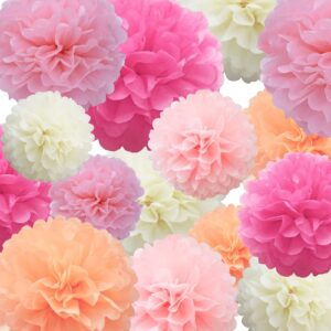 tissue paper pompoms paper flower 22 pcs pink,light pink,hot pink,ivory, light peach paper flower ball for birthday bachelorette wedding baby shower bridal shower party decoration