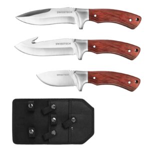 swiss+tech 3 piece hunting knife set, full tang survival knife with sheath, bowie knife, camping knife, gut hook knife, for outdoors hunting, camping, hiking, good gift for dad husband men