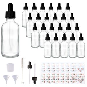 comrzor 24 pack 2oz clear glass bottles with glass eye droppers for essential oils, perfumes & lab chemicals (brush, funnels, 2 extra droppers, 36 pieces labels & 30ml measuring cup included)