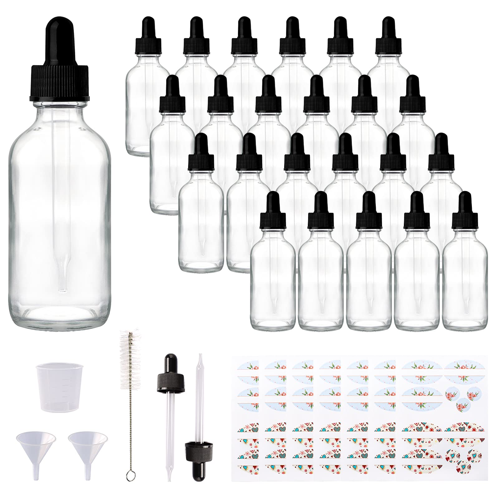 Comrzor 24 Pack 2oz Clear Glass Bottles with Glass Eye Droppers for Essential Oils, Perfumes & Lab Chemicals (Brush, Funnels, 2 Extra Droppers, 36 Pieces Labels & 30ml Measuring Cup Included)