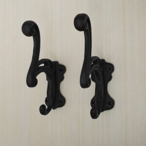 SaKeGa Rustic Cast Iron Wall Hooks, Heavy Duty Retro Utility Hooks for Hanging Coat, Bag, Towel, Robe, Hat and More, Pack of 2, Black