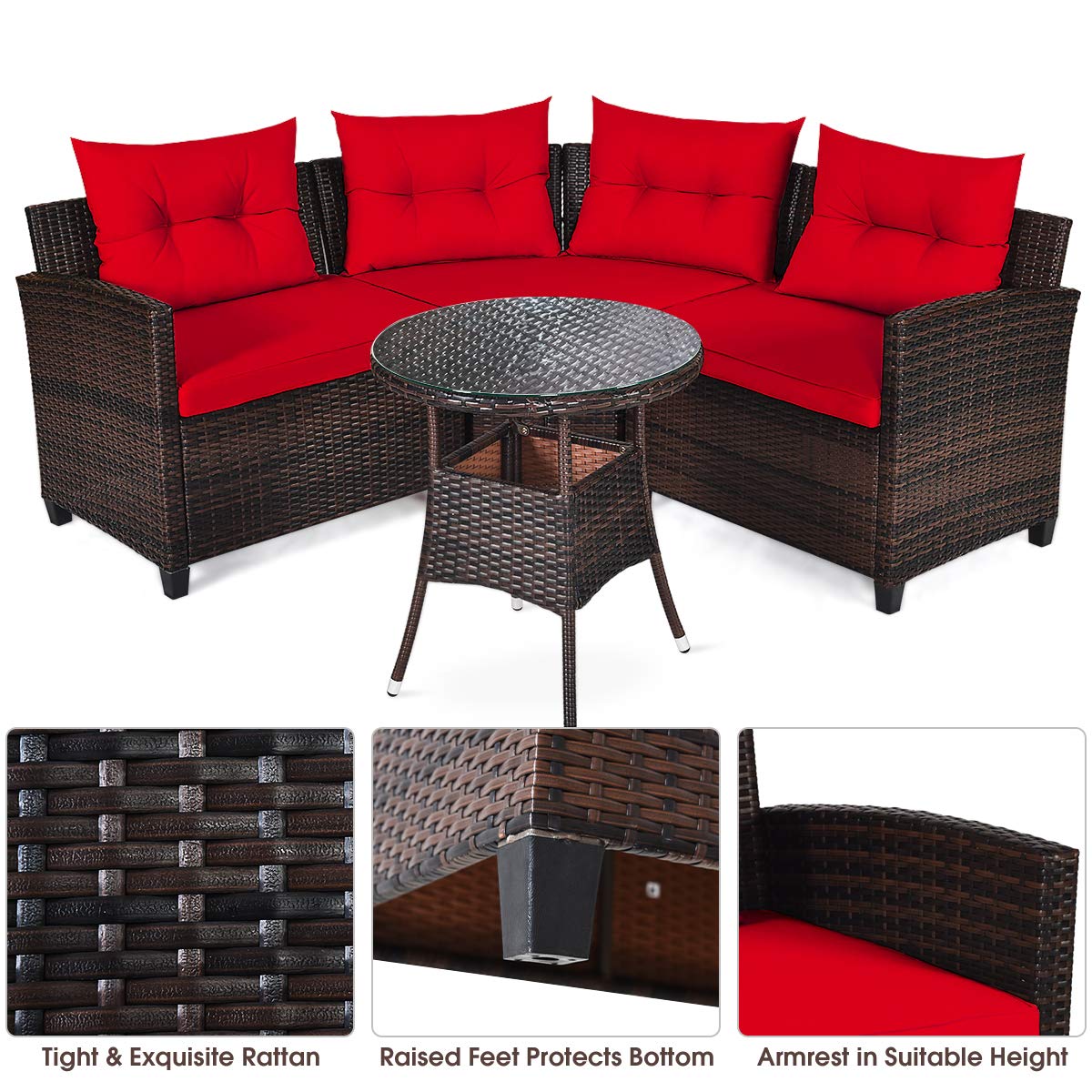 DORTALA 4-Piece Sectional Furniture Patio Set L-Shape Outdoor Wicker Sofa Set w/Cushions & Sophisticated Glass Coffee Table Couch Modern Deck Rattan Furniture for Garden Poolside Balcony, Red