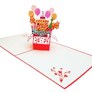 iGifts And Cards Happy 75th Red Birthday Party Box 3D Pop Up Greeting Card – Seventy-Five, Awesome, Balloons, Unique, Celebration, Feliz Cumpleaños, Fun, Mom, Dad