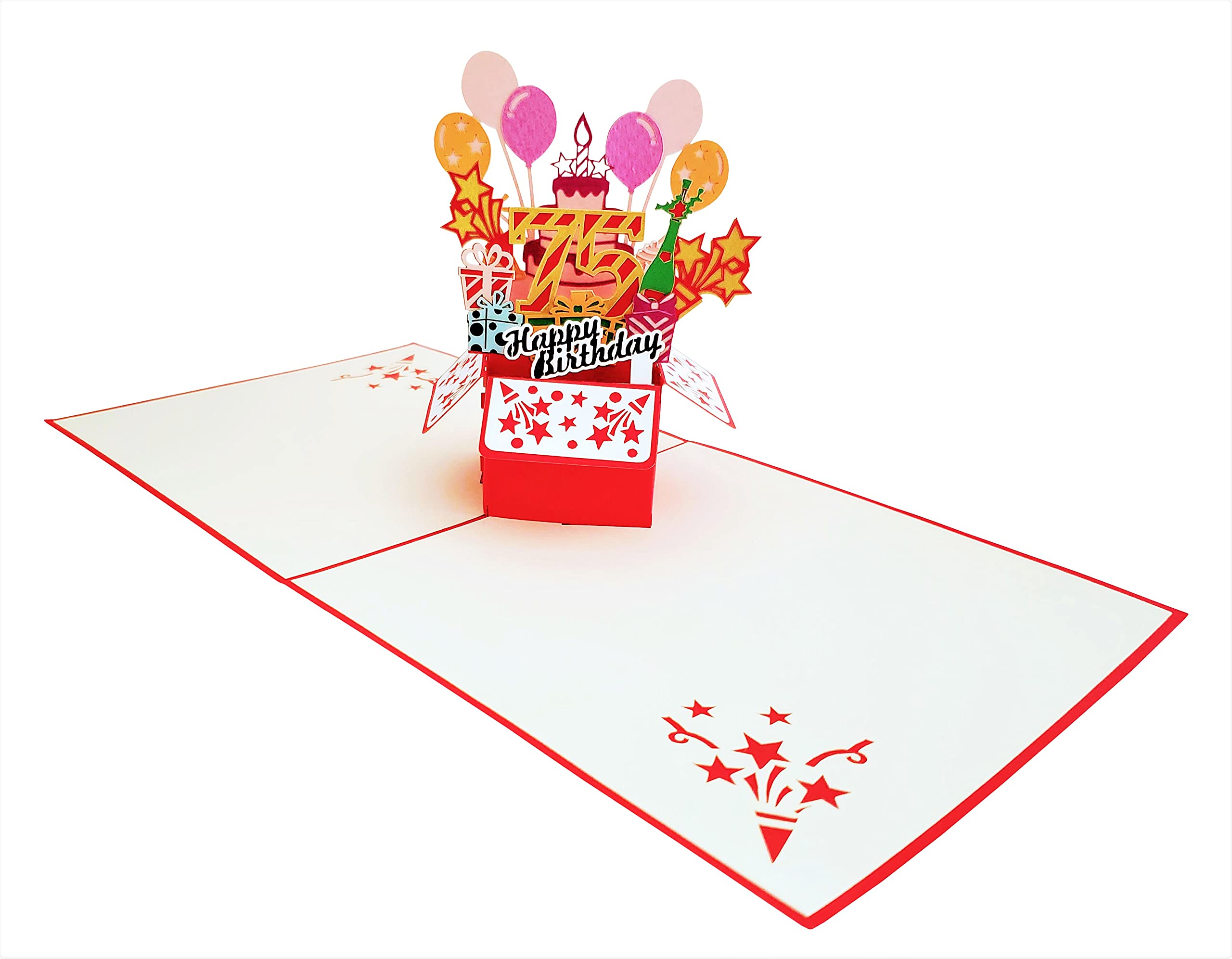 iGifts And Cards Happy 75th Red Birthday Party Box 3D Pop Up Greeting Card – Seventy-Five, Awesome, Balloons, Unique, Celebration, Feliz Cumpleaños, Fun, Mom, Dad