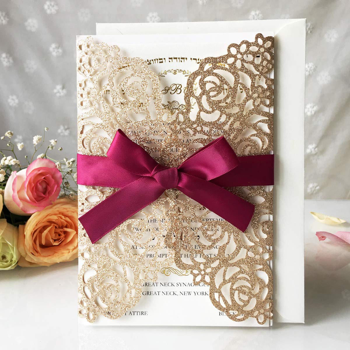 KUCHYNEE 50PCS 5.12 x 7.28'' Gold Wedding Invitations Cards with Burgundy Bowknot Laser Cut Hollow Rose Flowers Wedding Invitation for Bridal Shower Engagement Wedding Invite (Gold Glitter)