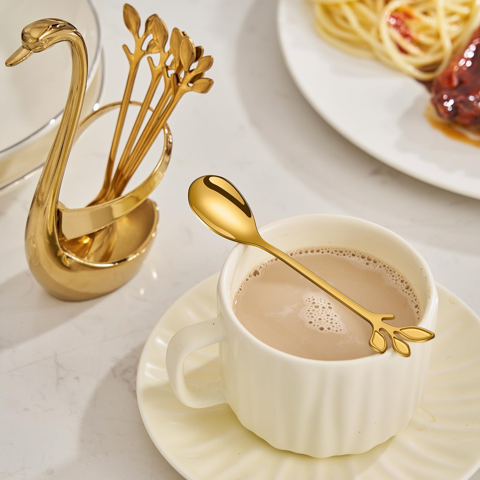 AnSaw Gold Small Coffee Spoon Holder Set,Swan Base With 10 Pcs Demitasse Espresso Spoons Set,4.7" Mini Leaf Dessert Spoon,Stainless Steel Tea Spoons