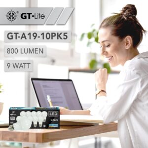 GT-Lite A19 LED Light Bulbs 10 Packs, 60W Equivalent, 5000K Daylight, 9W 800 Lumens LED Bulbs, E26 Base Standard Light Bulbs