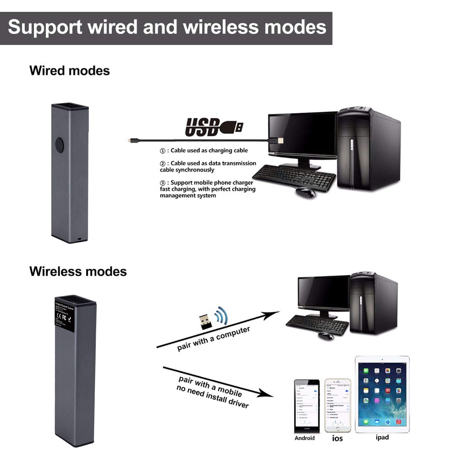 2D QR Wireless Bluetooth Alloy Metal Barcode Scanner,Symcode Portable Handheld Barcode Reader Scanner 3-in-1 Aluminum Alloy Metal Outer Box Barcode Scanner