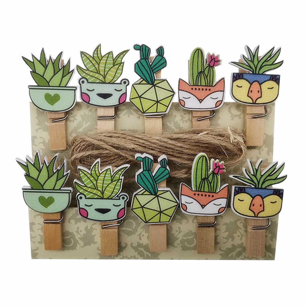 SaktopDeco 60 Counts Mini Cactus Wooden Clothespins with Jute Twine Small Floral Decorative Wood Peg Pin Craft Clips for Pictures Memo Card Photo